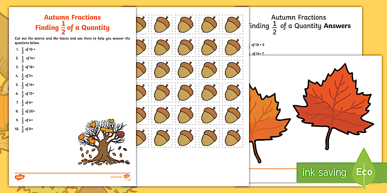 Autumn Themed Fractions Finding Half of a Quantity Activity