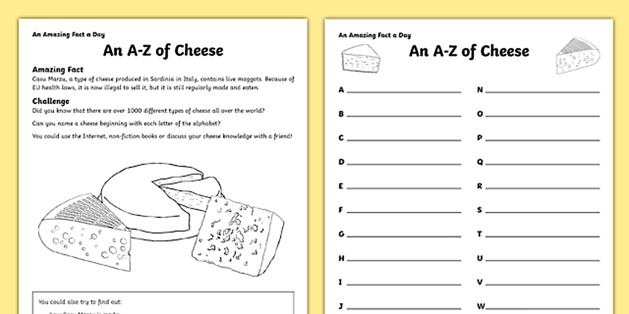 Editable An A-Z Of Cheese Worksheet (teacher made) - Twinkl