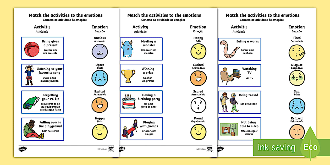 Emotions Worksheet English/Portuguese - Dual-Language