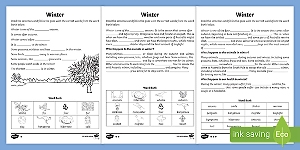 SA Winter Cloze Differentiated Worksheets (teacher made)