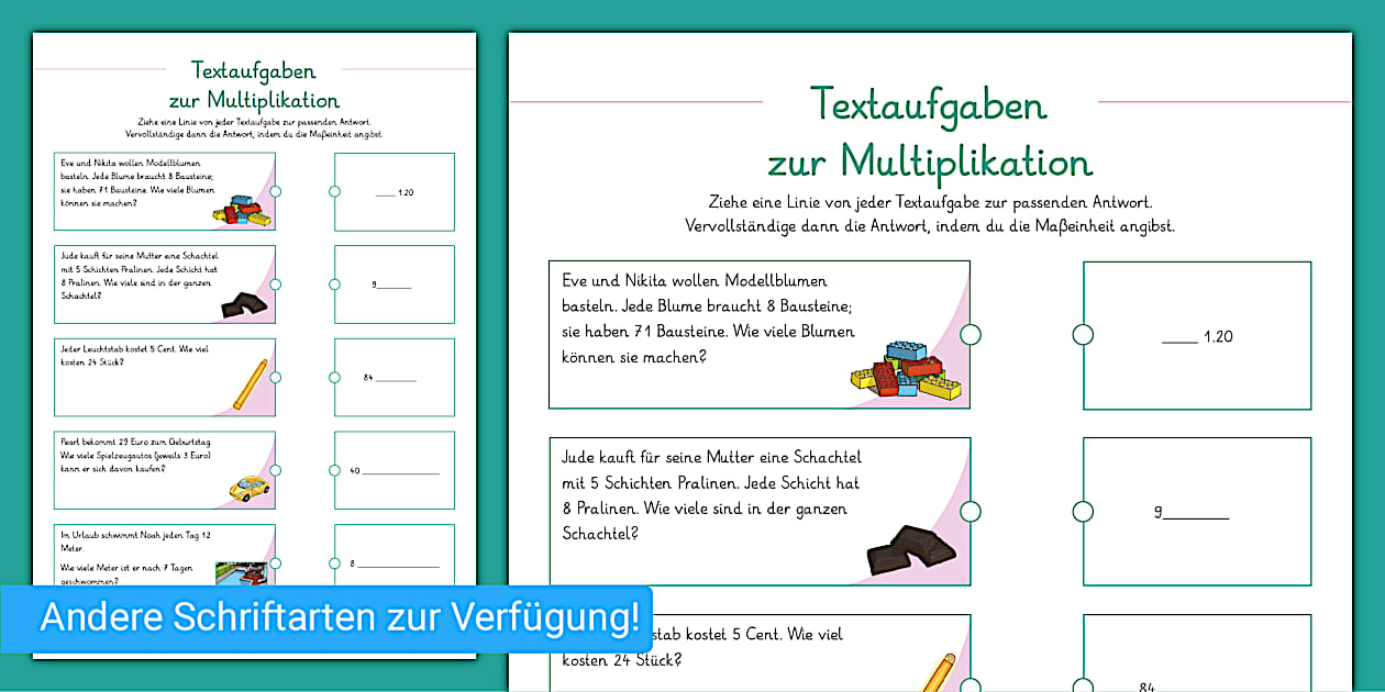 Textaufgaben zur Multiplikation - Arbeitsblatt - Twinkl