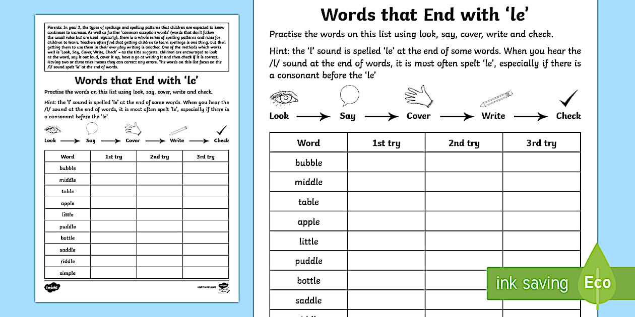 Editable Year 2 Spelling Practice /l/ Sound Spelt 'le' Homework Worksheet