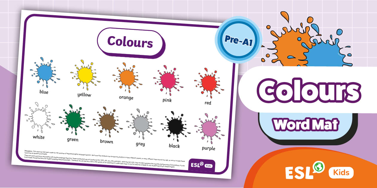 ESL Colours Word Mat for Kindergarten