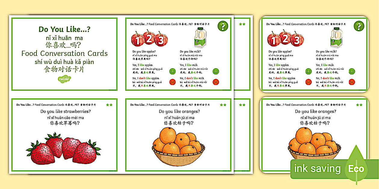 Food Conversation Cards - English/Mandarin Chinese/Pinyin
