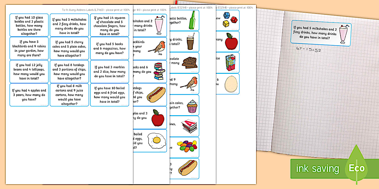 Editable Addition Word Problem Maths Challenge Sticky Labels
