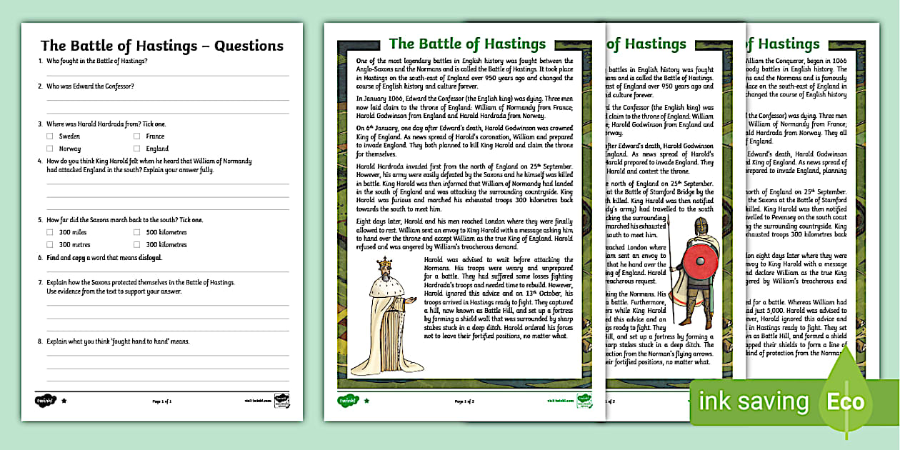 Editable UKS2 The Battle of Hastings Differentiated Reading Comprehension
