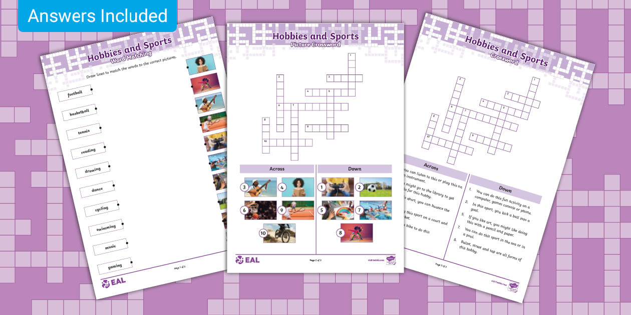Hobbies and Sports Vocabulary Crosswords for EAL Learners