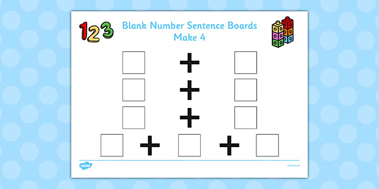Black and White Blank Number Sentence Boards to 10 Make 4 Worksheet