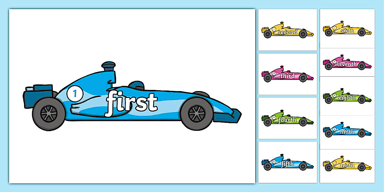 Ordinal Number Words on Race Cars (Teacher-Made) - Twinkl