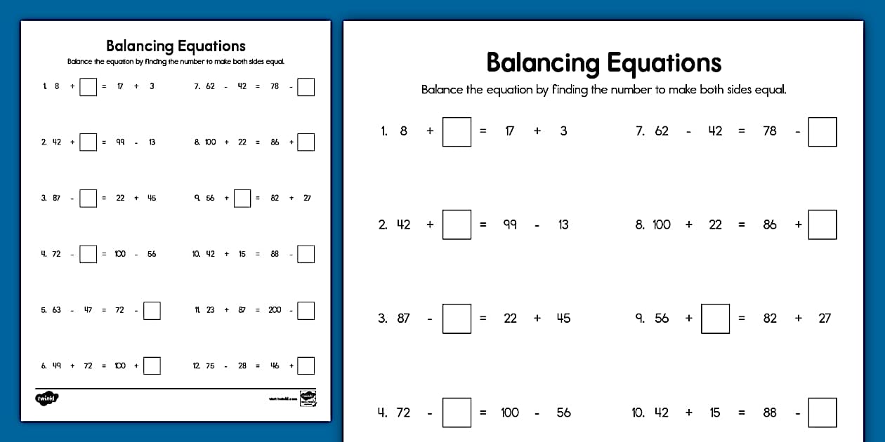 Balancing Equations Using Missing Numbers Worksheet PDF