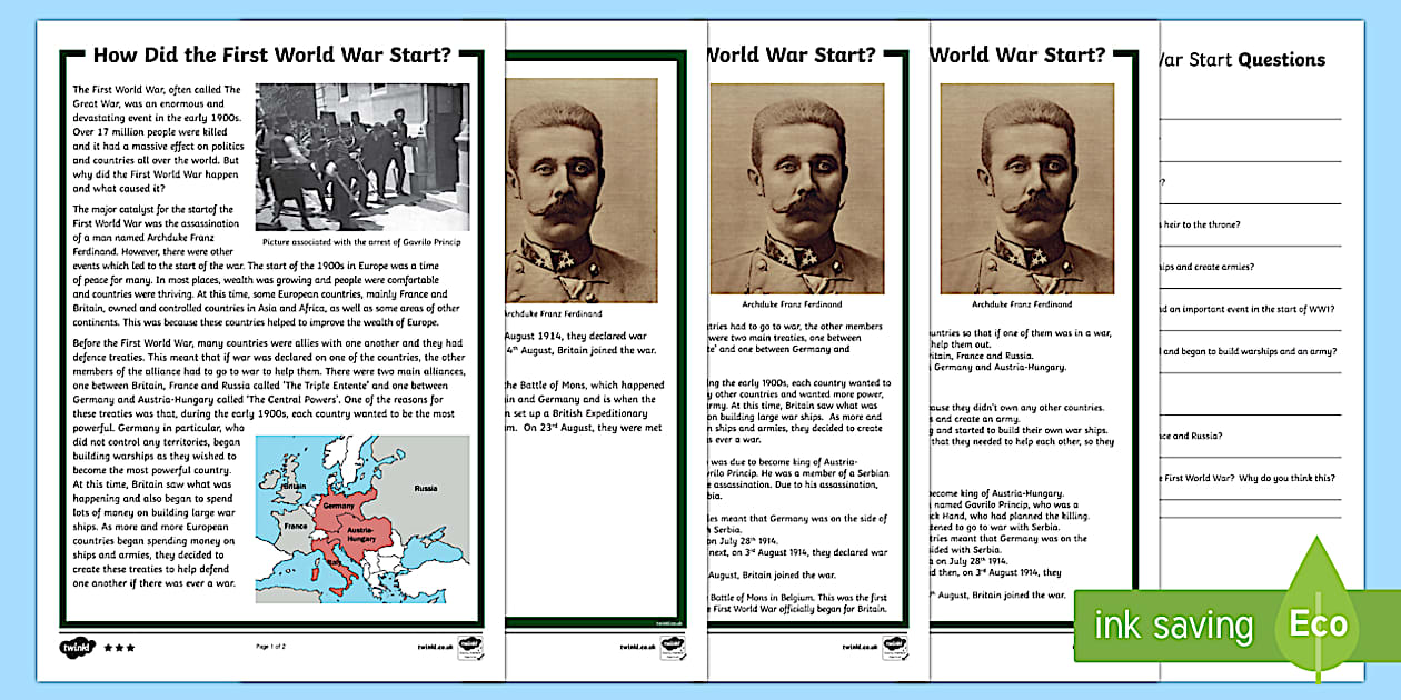 How did WW1 Start? Senior Phase Reading Comprehension Activity