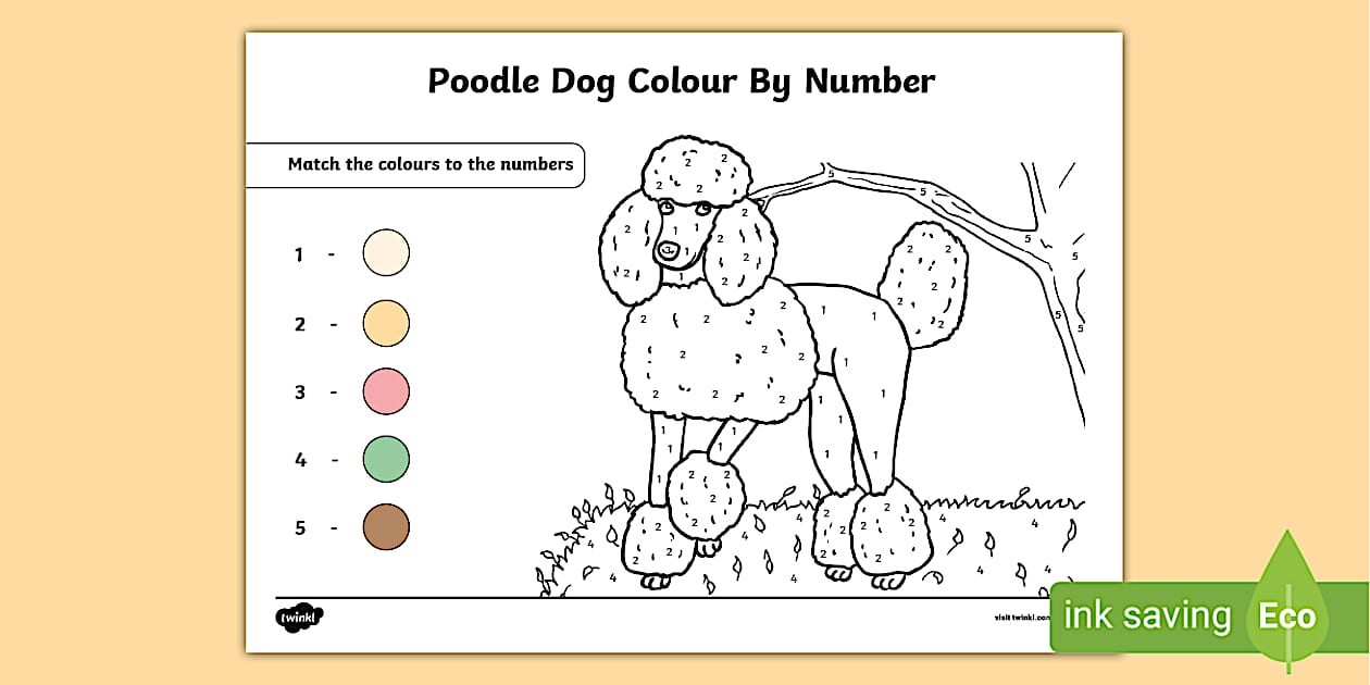Free Poodle Dog Colour By Number for Children: Print now!