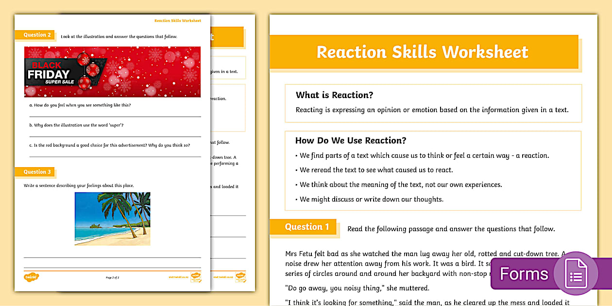 Reading Comprehension Skills: Reaction Worksheet (Year 5-6)