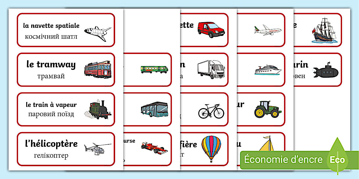Flashcards sur les moyens de transports français/ukrainien