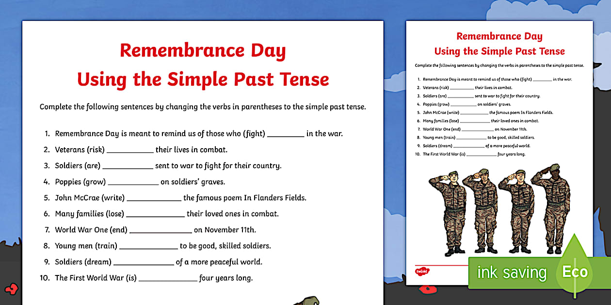 Black and White Remembrance Day Simple Past Tense Worksheet