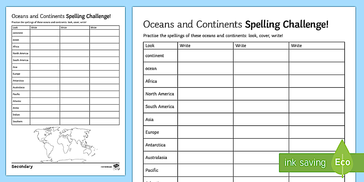 Continents and Oceans Spelling Challenge! Worksheet / Worksheet