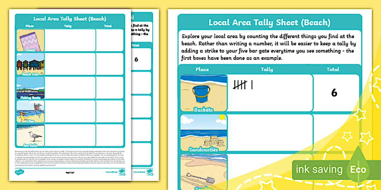 Local Area Tally Sheet (Beach) (Teacher-Made) - Twinkl