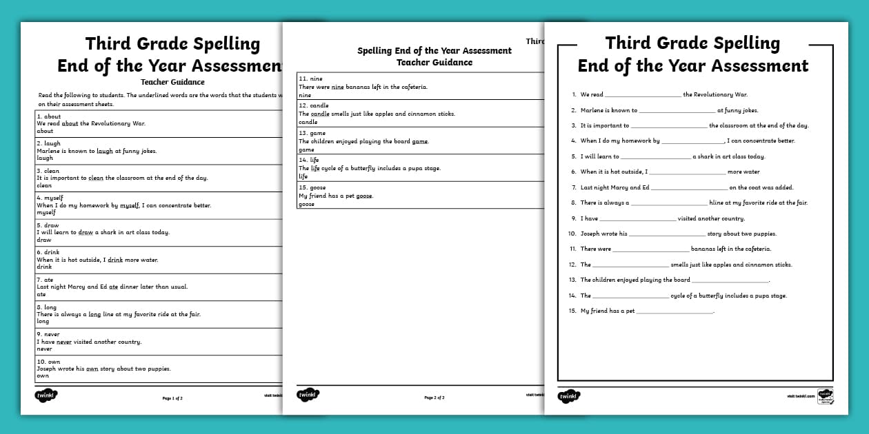 Third Grade End of the Year ELA Spelling Assessment - Twinkl