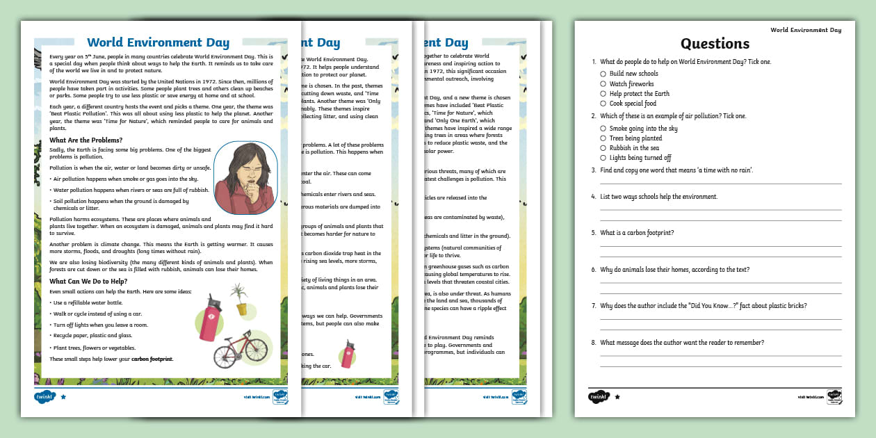 UKS2 World Environment Day Differentiated Reading Comprehension Activity