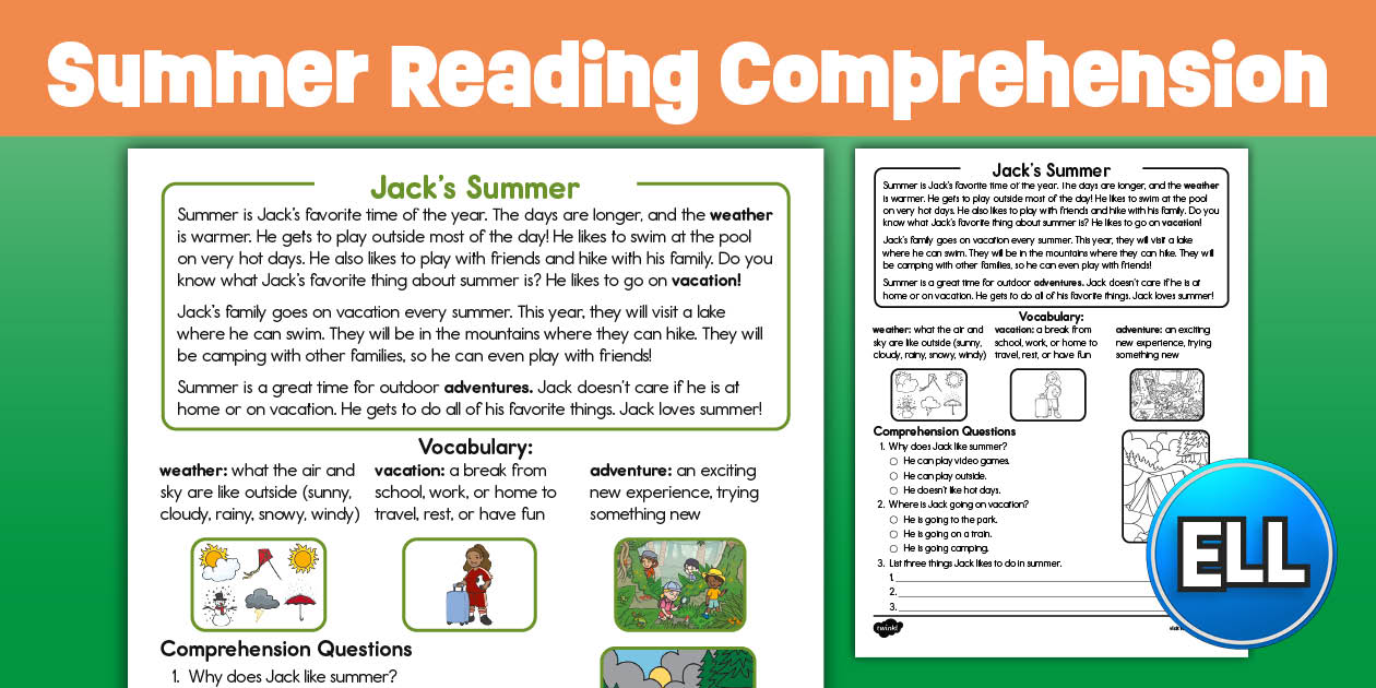 Jack’s Summer Reading Comprehension Worksheet for ELL
