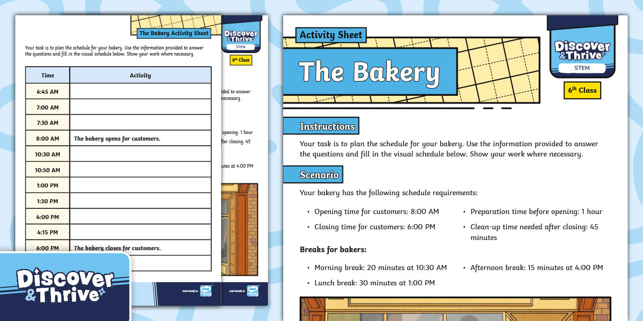 The Bakery Activity Sheet (Time) Sixth Class (teacher made)