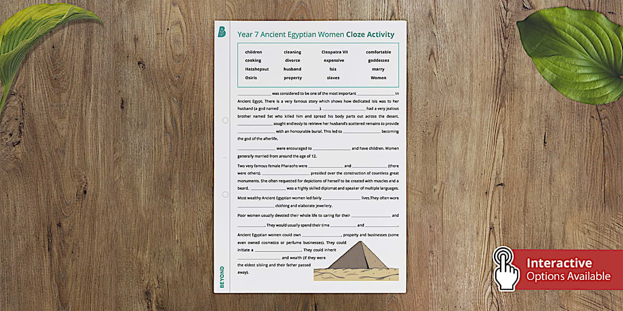 Year 7 Ancient Egyptian Women Cloze Activity (Teacher-Made)