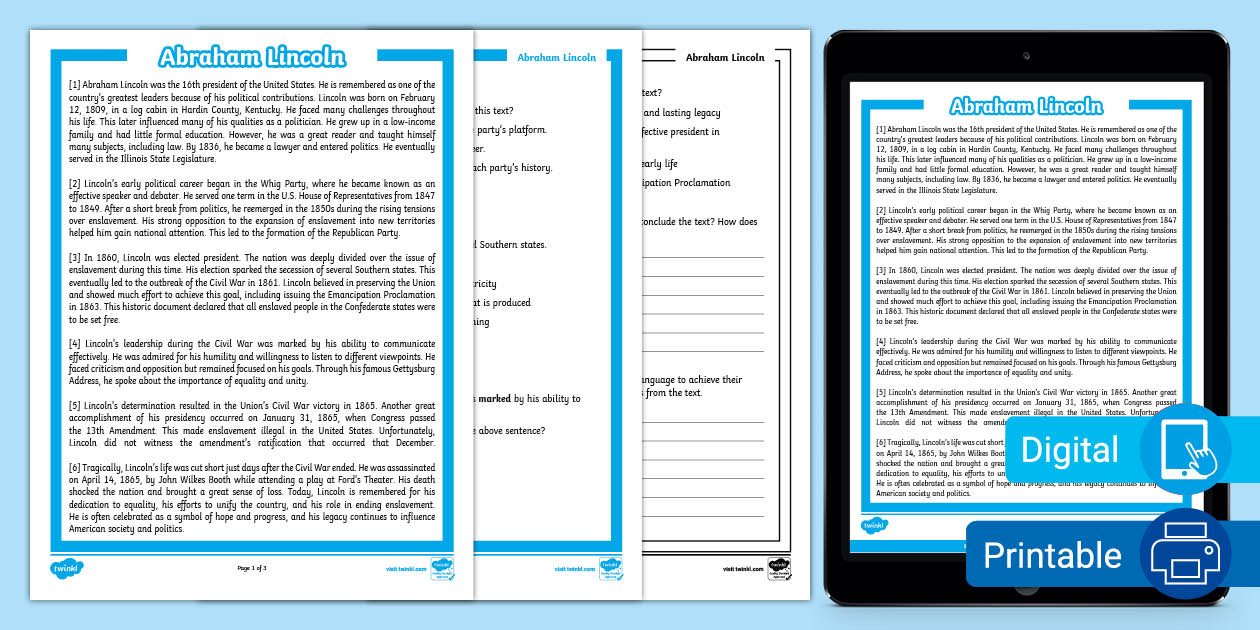 Sixth Grade Abraham Lincoln Craft and Structure Activity