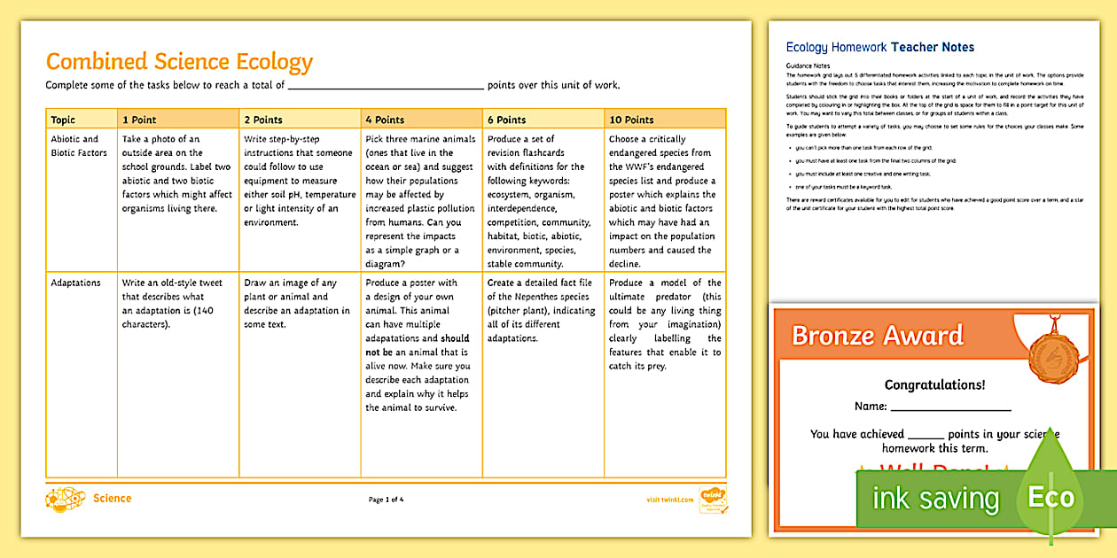 AQA GCSE Ecology Homework Grid (Combined Science) - Twinkl
