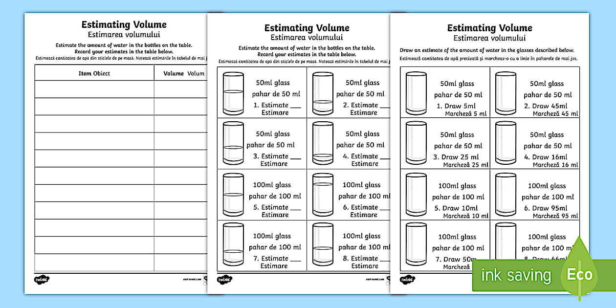 Estimating Capacity Worksheet - English/Romanian - Twinkl