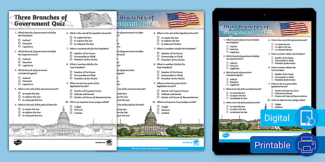 Sixth Grade Three Branches of Government Quiz (Teacher-Made)