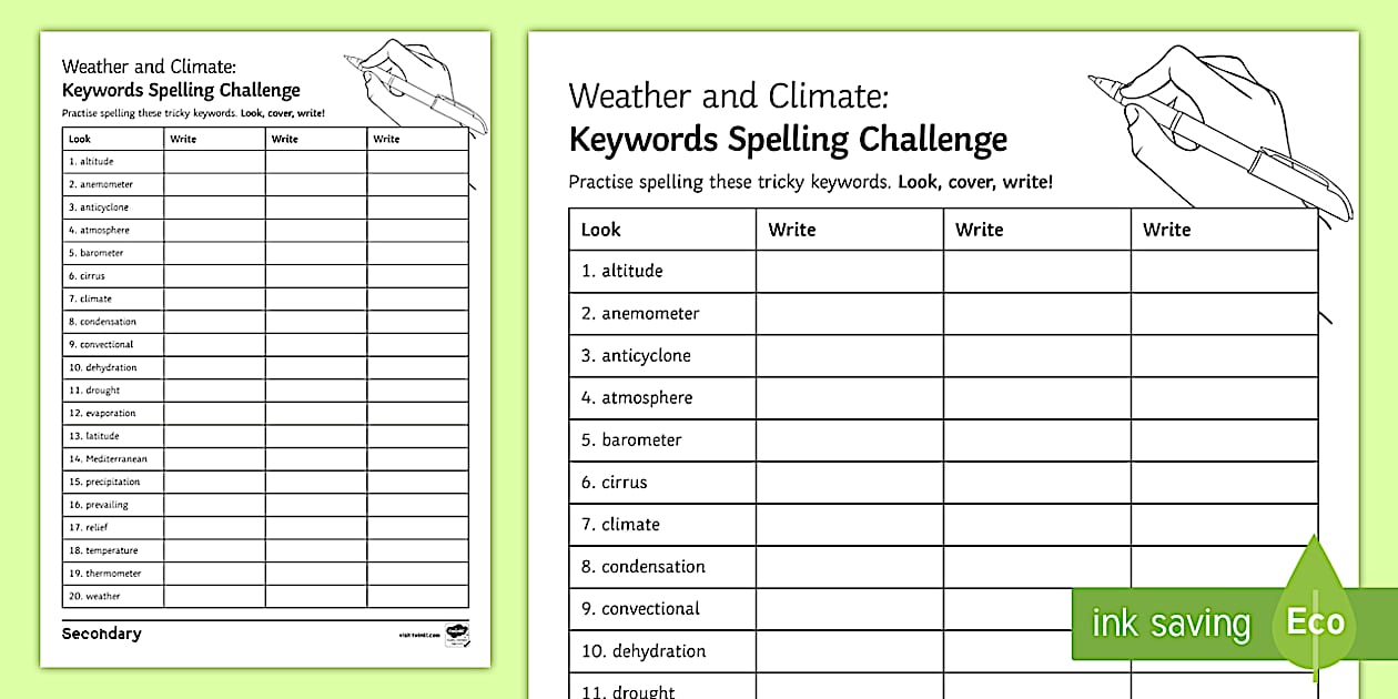 Weather and Climate Spelling Challenge! Worksheet / Worksheet