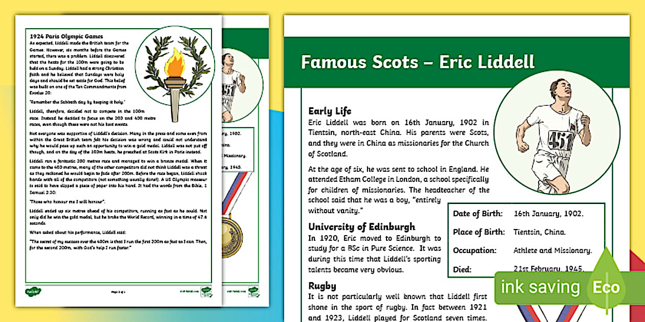 Scottish Significant Individuals Eric Liddell Information Sheet