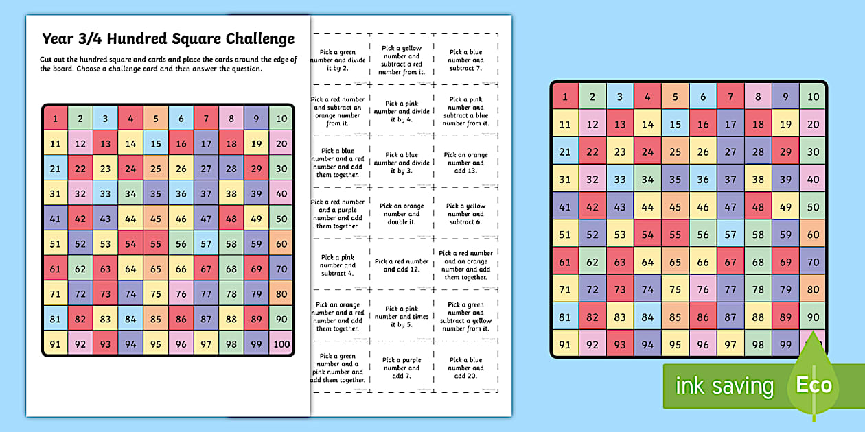 Year 3/4 Hundred Square Challenge Worksheet / Worksheet