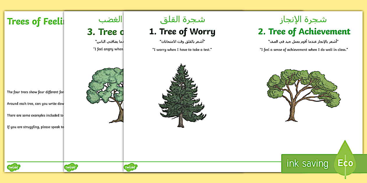 Black and White Tree of Feelings Worksheet - Arabic/English - الإنجليزية