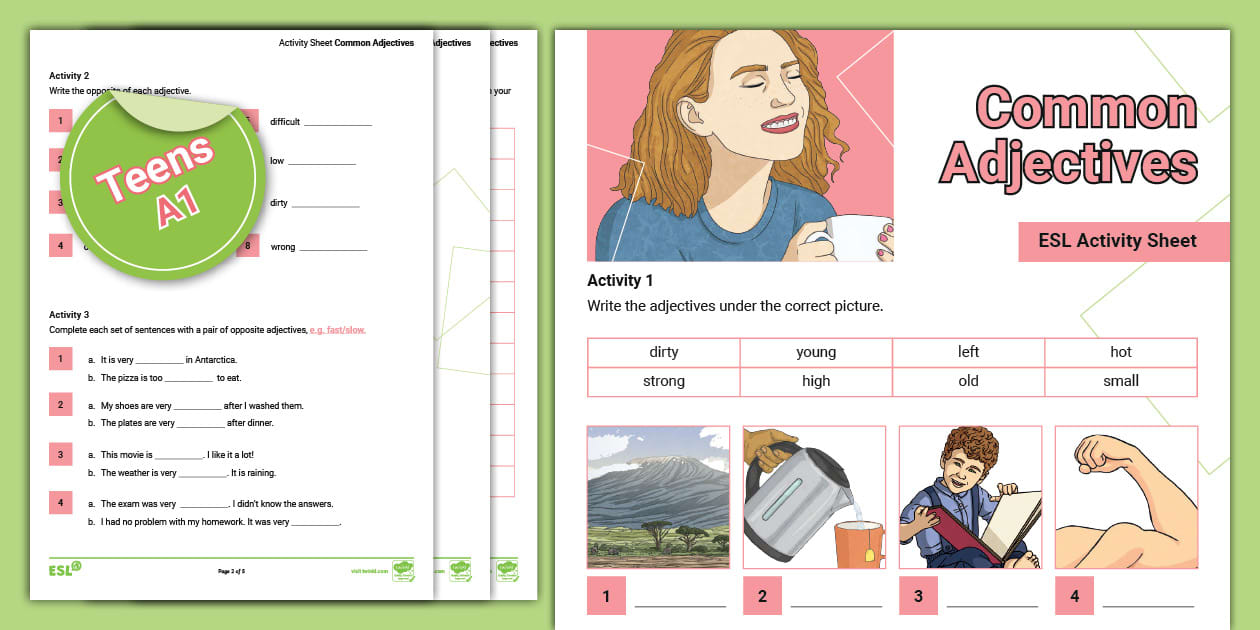 ESL Common Adjectives Activity Sheet for Teens - Twinkl