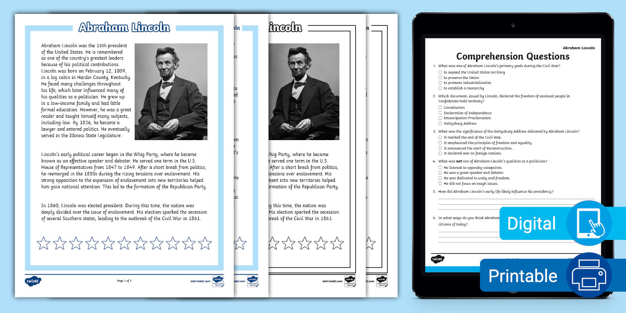 Seventh Grade Abraham Lincoln Reading Comprehension Worksheet