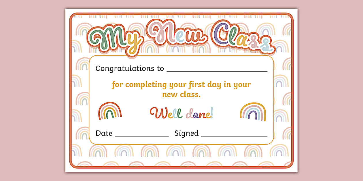 Muted Rainbow-Themed My New Class Certificate (Teacher-Made)