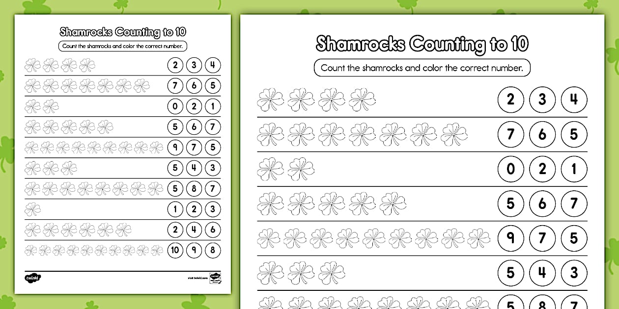 Shamrocks Counting to 10 Worksheet (teacher made) - Twinkl