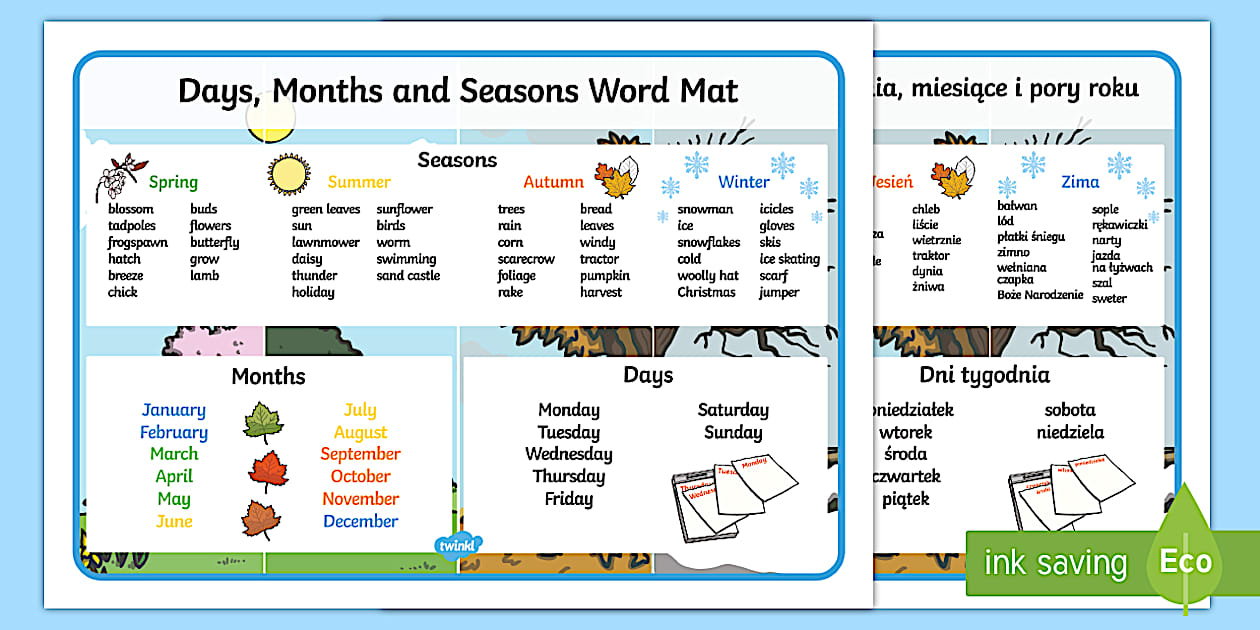 Editable Days, Months and Seasons Word Mat English/Polish