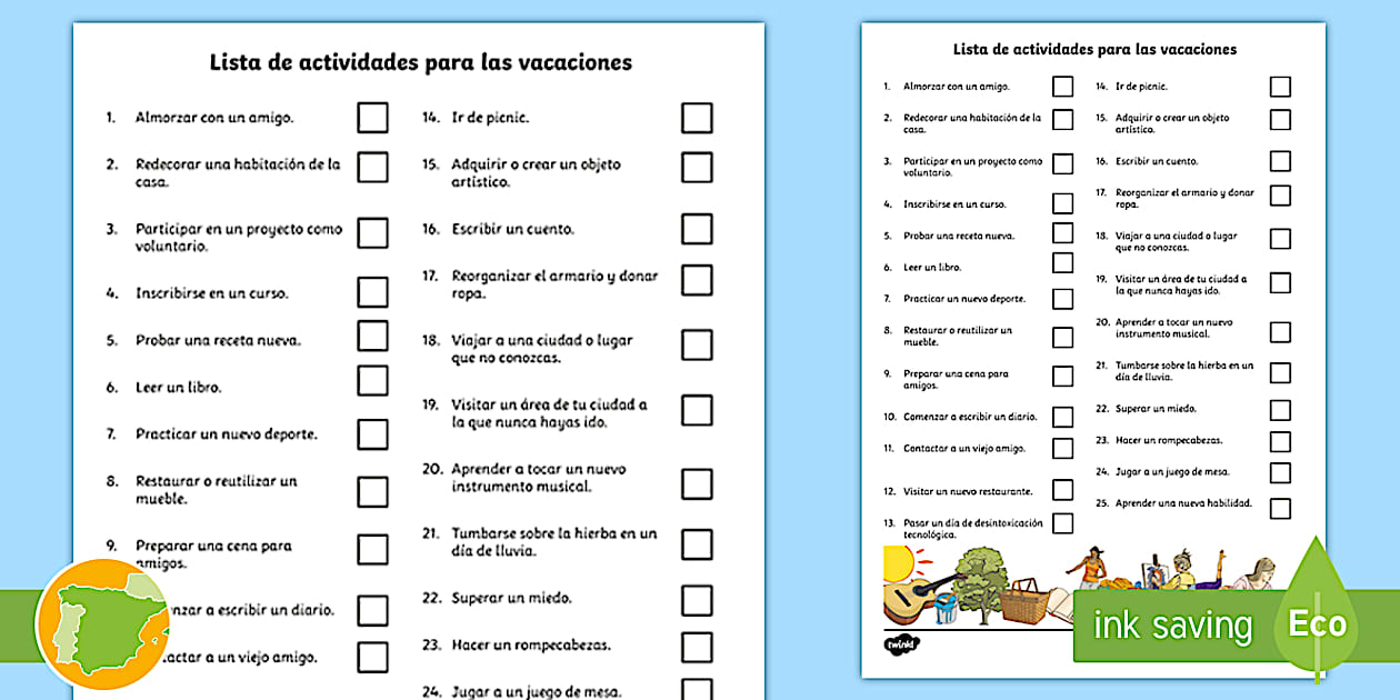 Ficha de actividad: Lista de actividades para las vacaciones