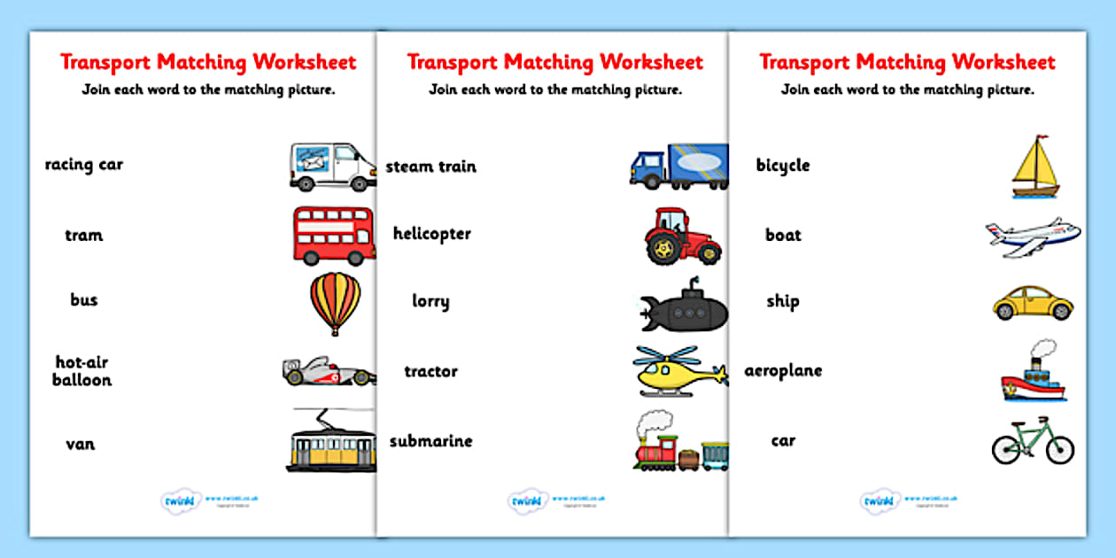 Editable Transport Word and Picture Matching Worksheet