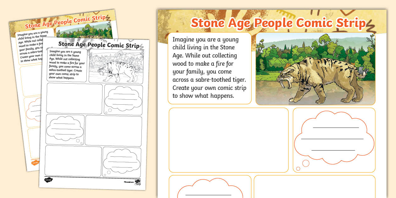 Stone Age People Finish the Comic Strip Worksheet - Twinkl
