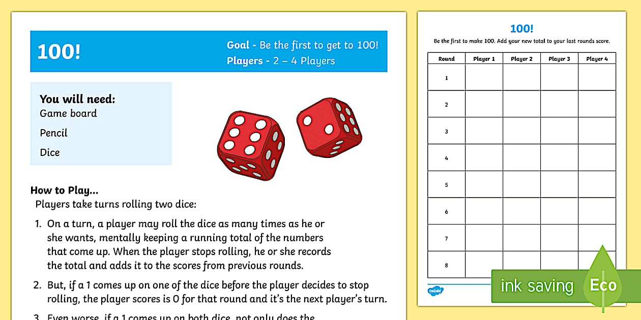 100 Maths Game - Maths Warm-up gamesdice gamestage 4 gamestage 5 ...
