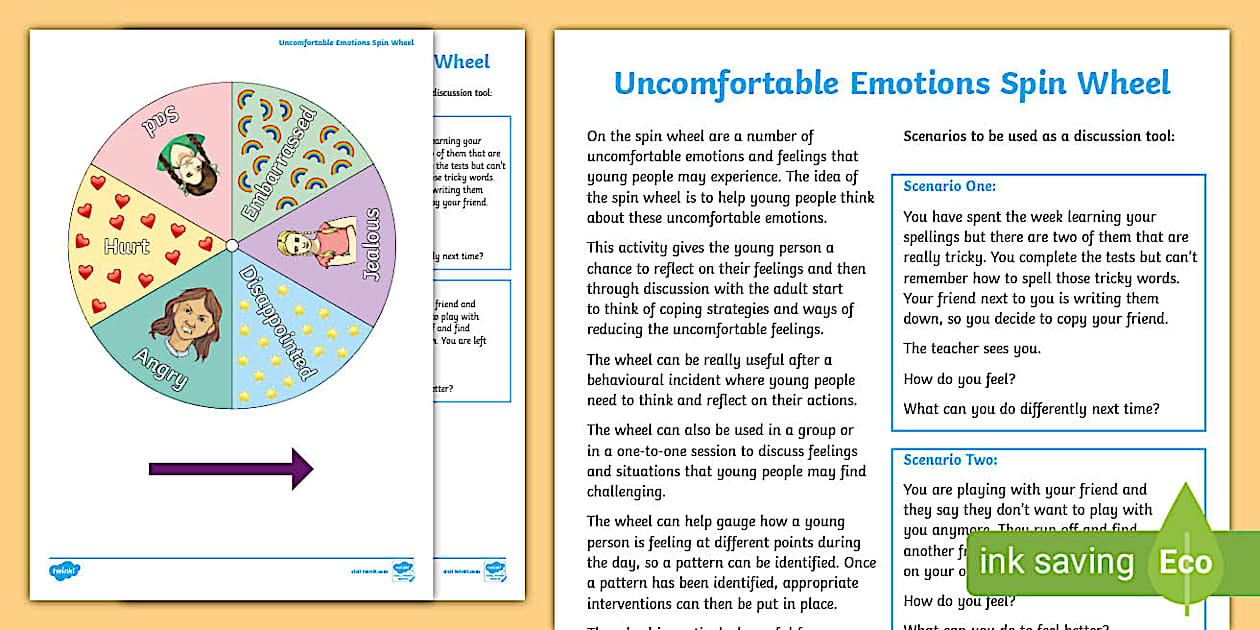 Uncomfortable Emotions Spin Wheel Activity (teacher made)