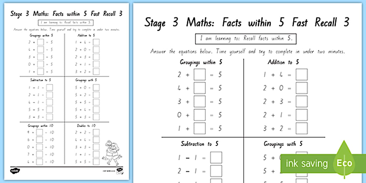 New Zealand Maths Stage 3 Facts within 5 Fast Recall 3 Worksheet