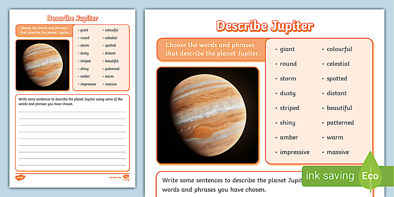 Describe Jupiter Worksheet (teacher made) - Twinkl