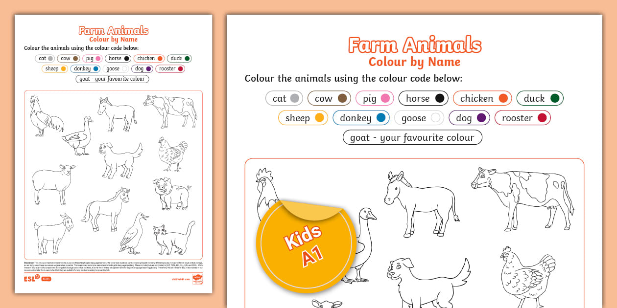 ESL Farm Animals Colour by Name [Kids, A1] (teacher made)