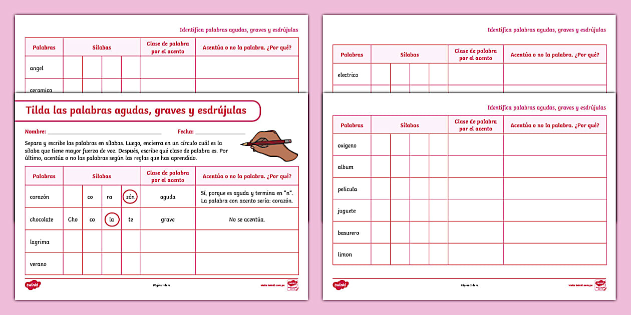 Ficha de actividad: tilda las palabras agudas, graves y esdrújulas
