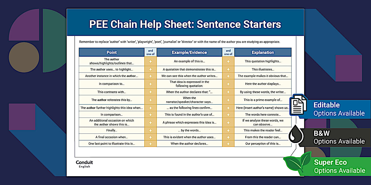 PEE Chain Help Sheet: Sentence Starters (Teacher-Made)