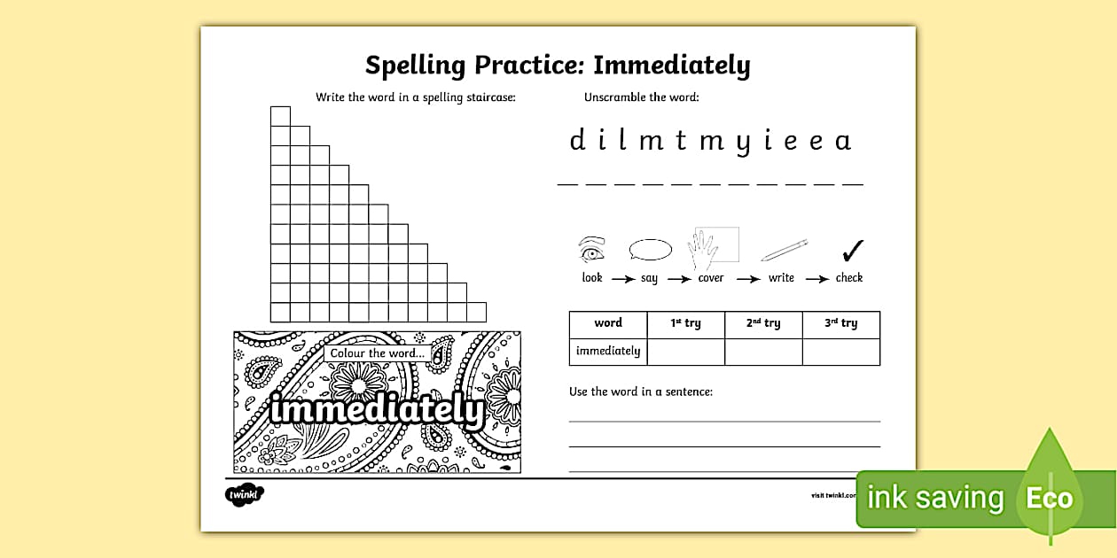 Immediately Spelling Practice Worksheet - Twinkl